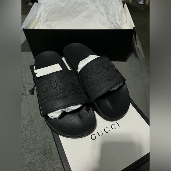 Gucci | Shoes | Gucci Logo Black Slides | Poshmark